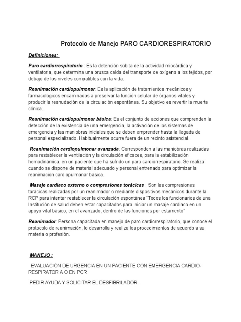 Protocolo de Manejo Paro Cardiorespiratorio | PDF | Paro cardíaco ...