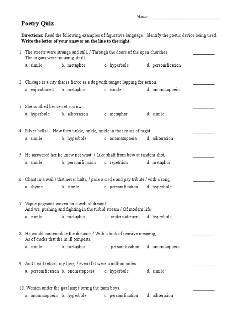 Figurative Language Poetry Quiz | PDF | General Fiction