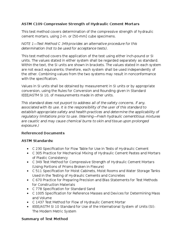 ASTM C109 Compressive Strength of Hydraulic Cement Mortars | PDF ...