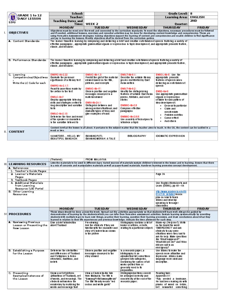 DLL ENG8 2NDQ 2nd Week Edited | PDF | Competence (Human Resources) | Educational Assessment