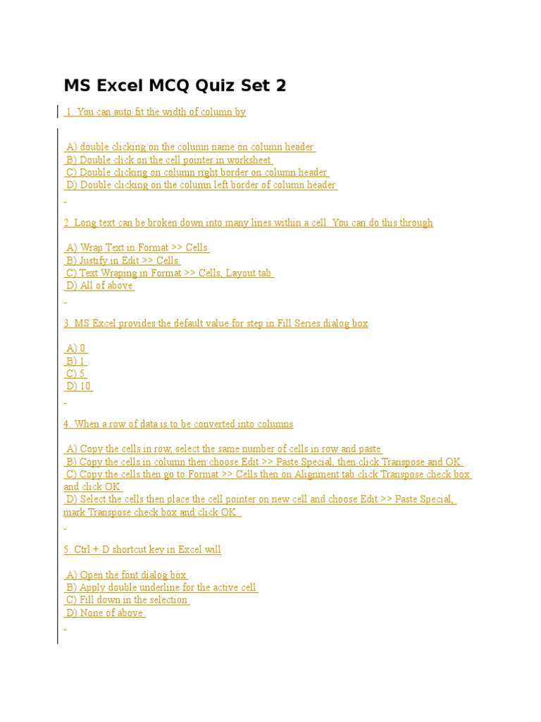 MS Excel MCQ Quiz Set 2 | PDF | Microsoft Excel | Microsoft Power Point