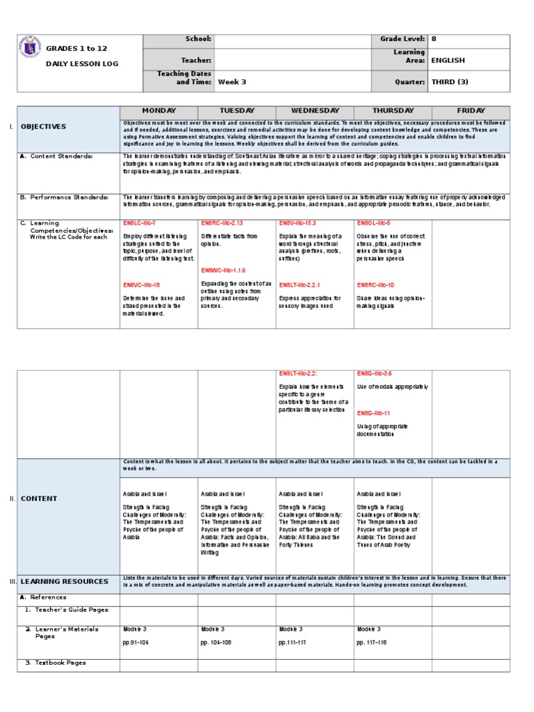 DLL ENG8 3RDQ Week3 1 | PDF | Educational Assessment | Learning
