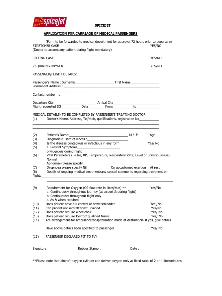 Spicejet MEDA Form | Clinical Medicine | Medical Specialties