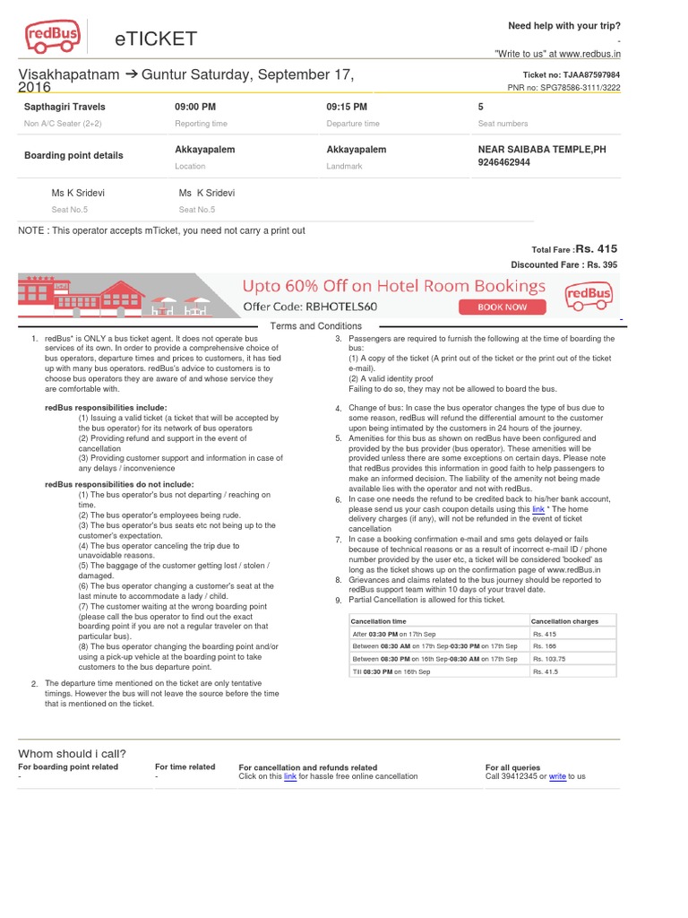 RedBus Ticket 100624073 | Download Free PDF | Ticket (Admission) | Bus