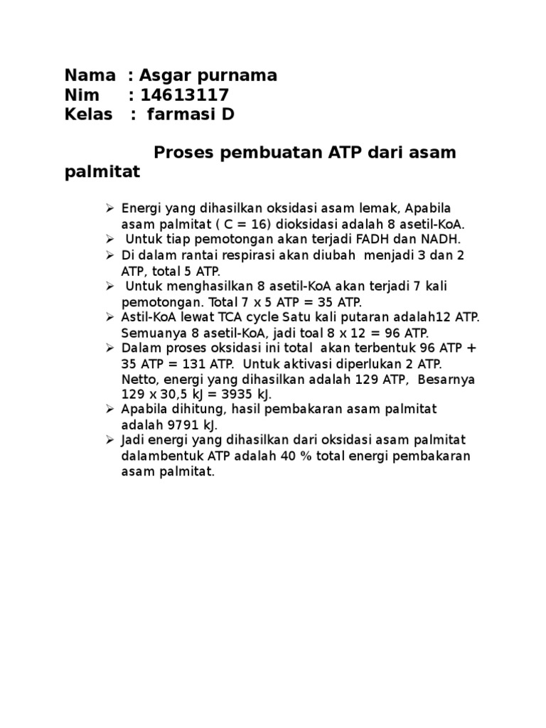Proses Pembuatan ATP Dari Asam Palmitat | PDF