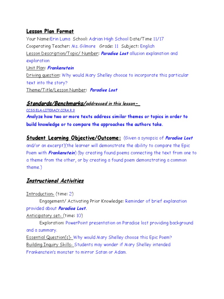 Lessonplanlearningdifferences | PDF | Paradise Lost | Frankenstein