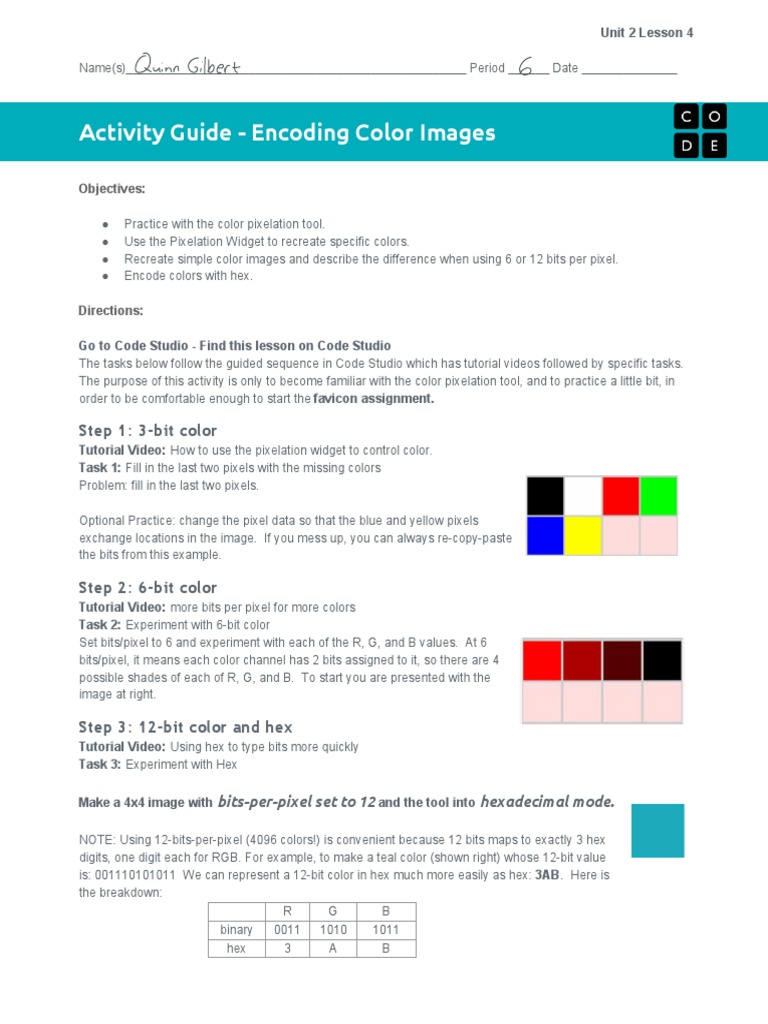 Color Pixelation and Encoding Guide | PDF | Code | Bit