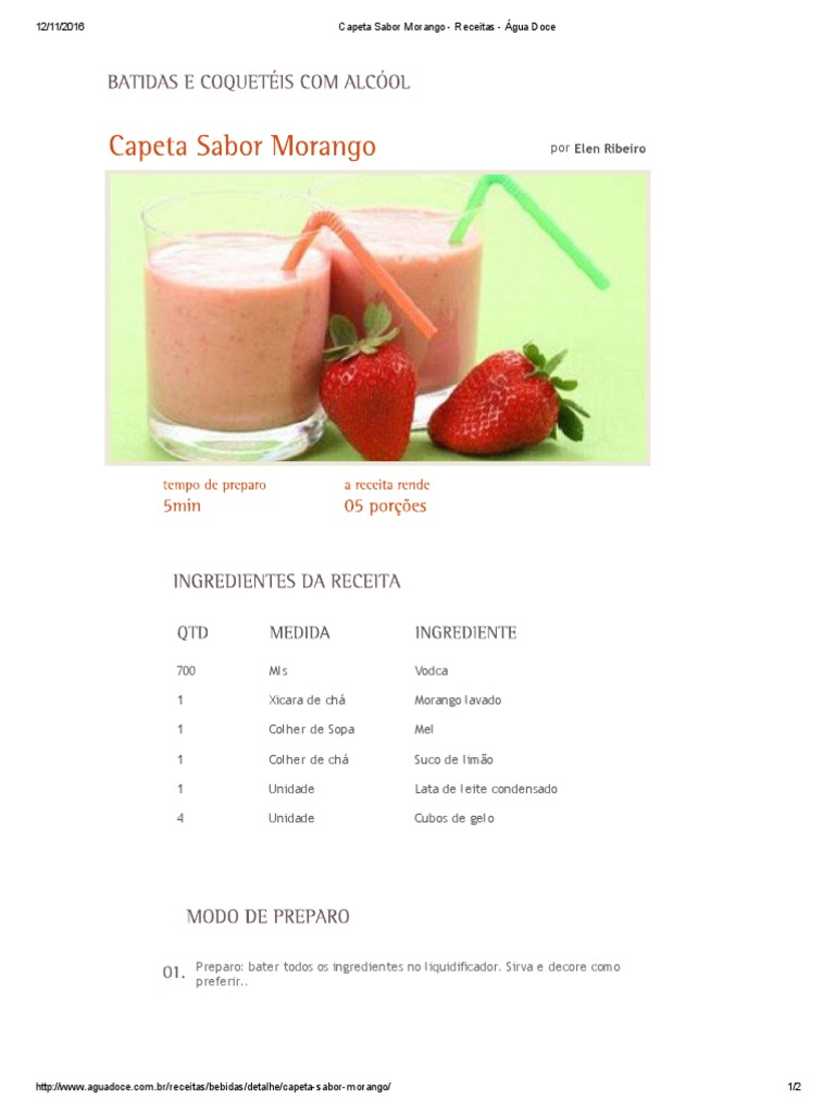 Capeta Sabor Morango - Receitas - Água Doce | PDF | Bebida | Bebidas ...