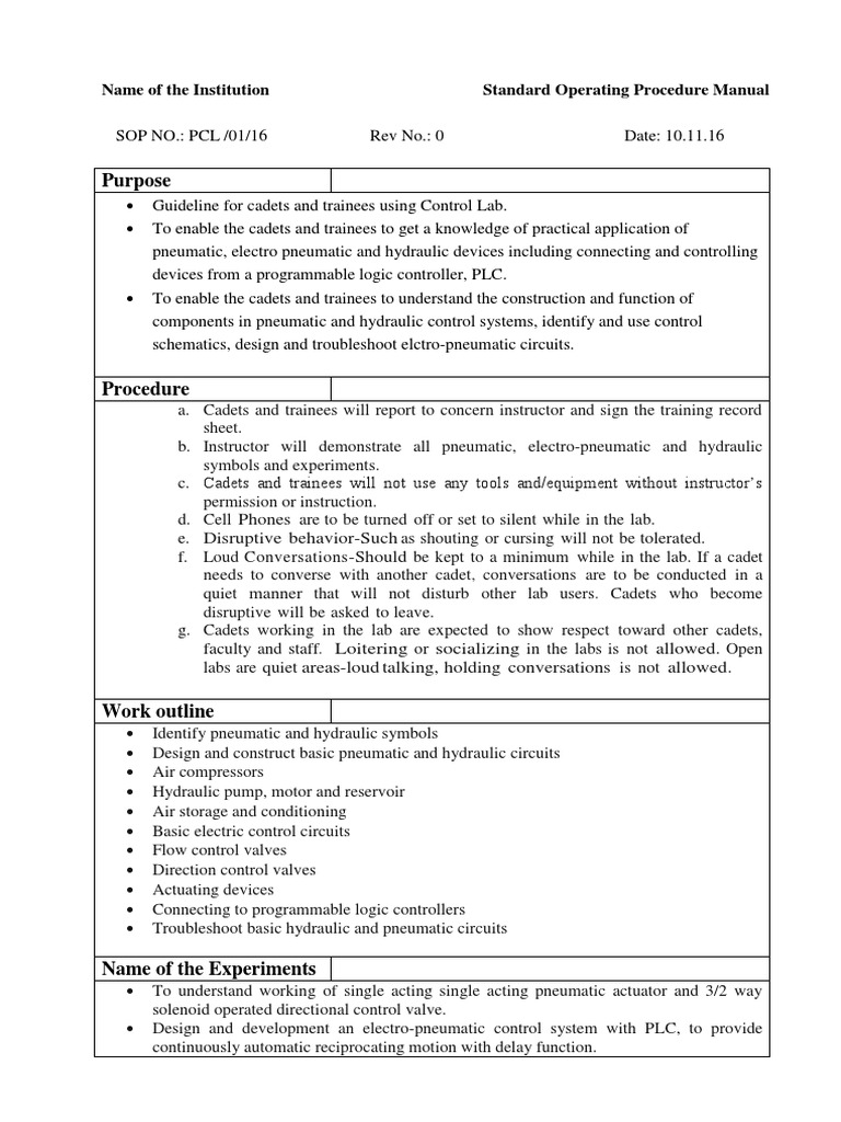 SOP For A Control Lab | PDF | Programmable Logic Controller | Pneumatics