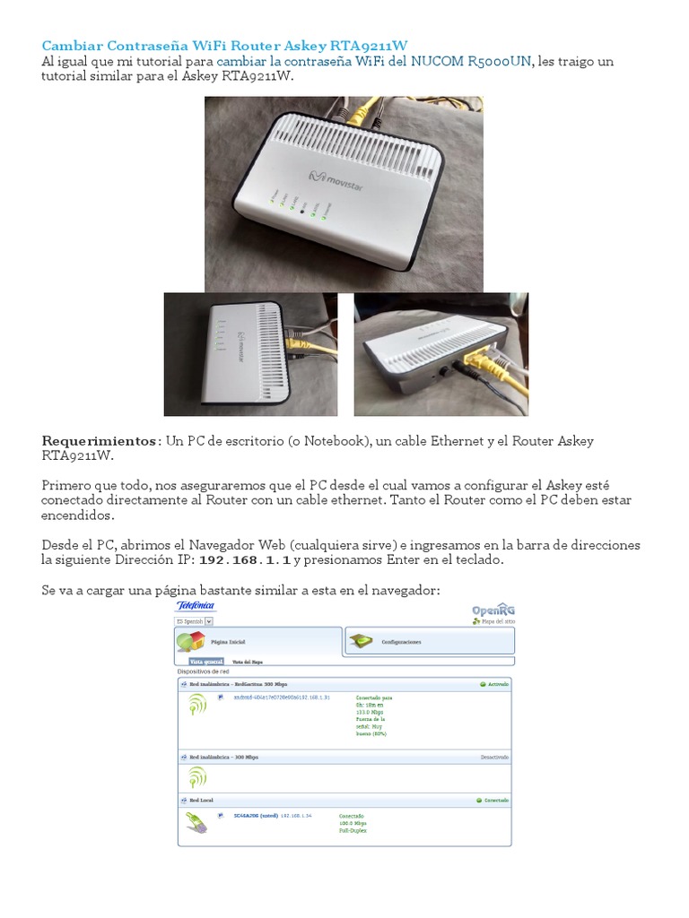 Cambiar Contraseña WiFi Router Askey RTA9211W | PDF | Wifi | Contraseña