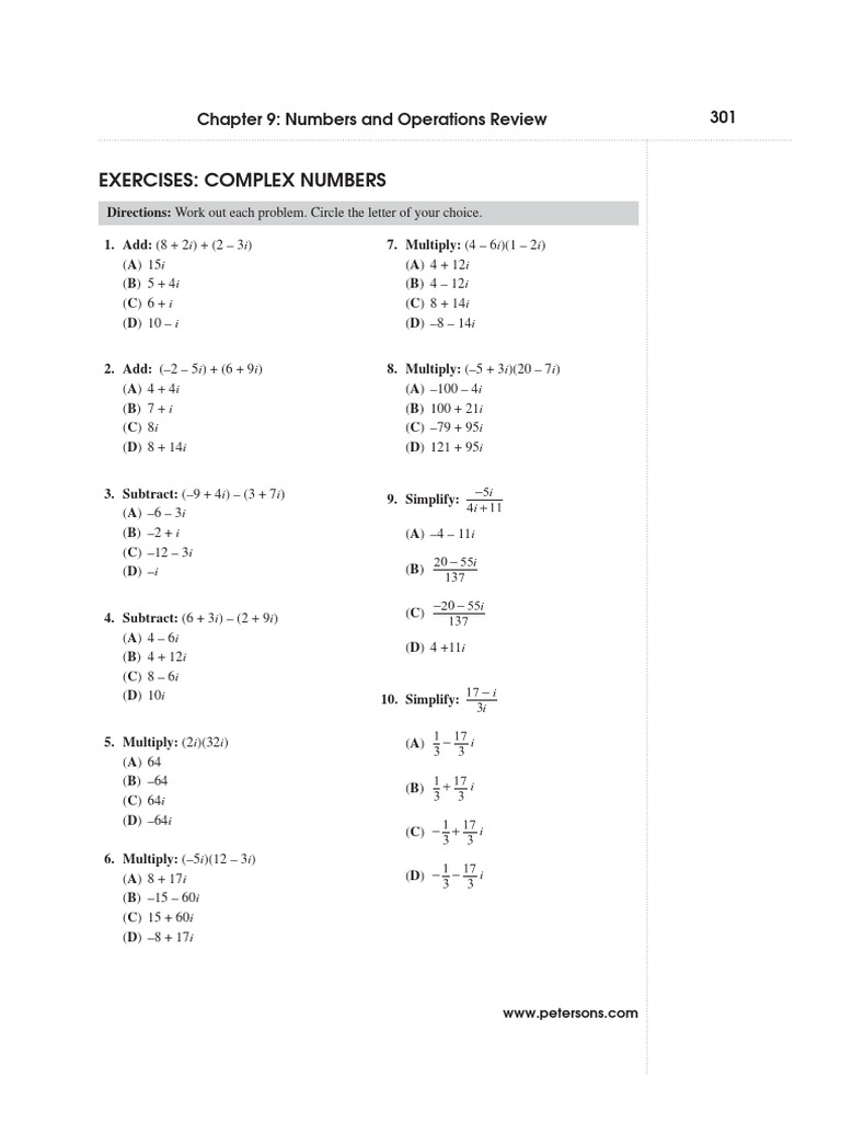 Exercises: Complex Numbers: Chapter 9: Numbers and Operations Review ...