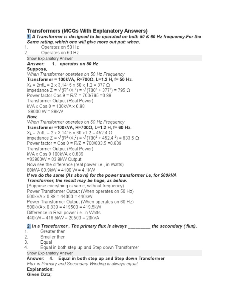 Transformer MCQs With Explanation | PDF | Transformer | Alternating Current