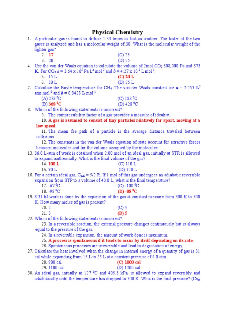 Pchem Exam | PDF | Gases | Solution