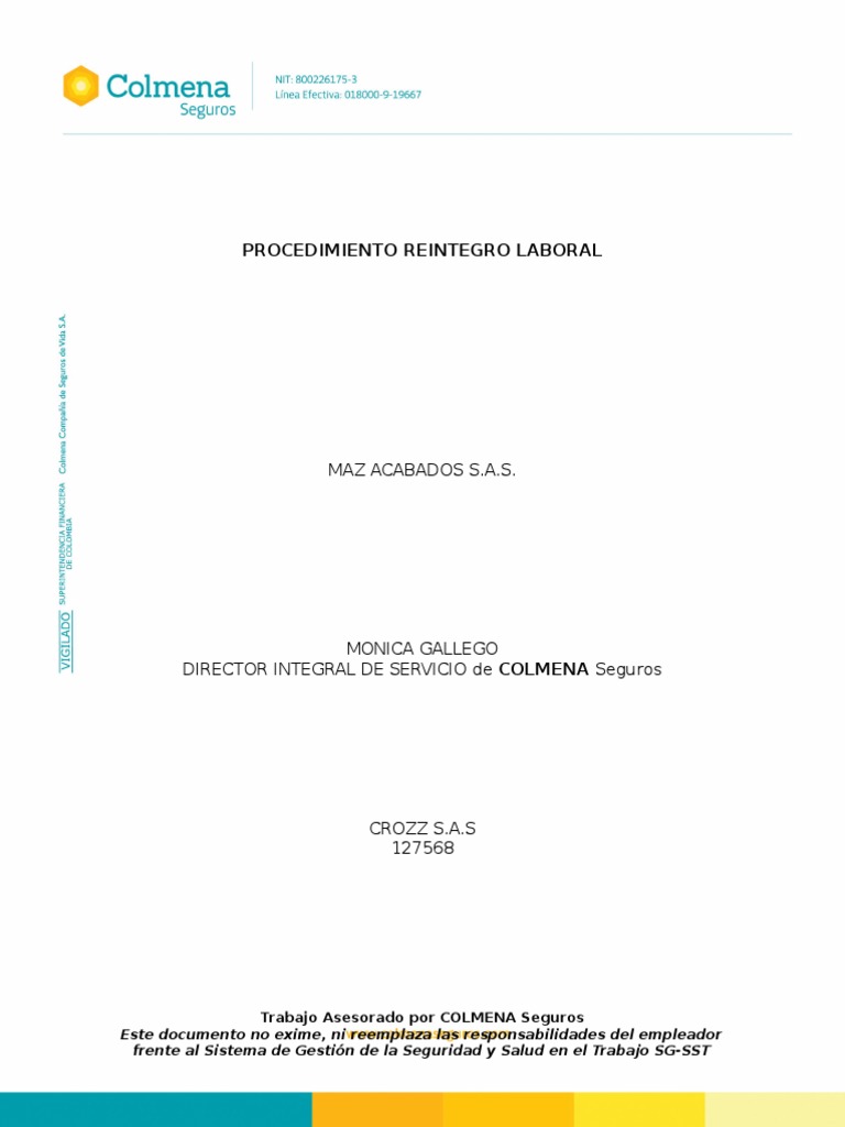 Procedimiento de Reintegro Laboral ARL Colmena | PDF | Salud y ...