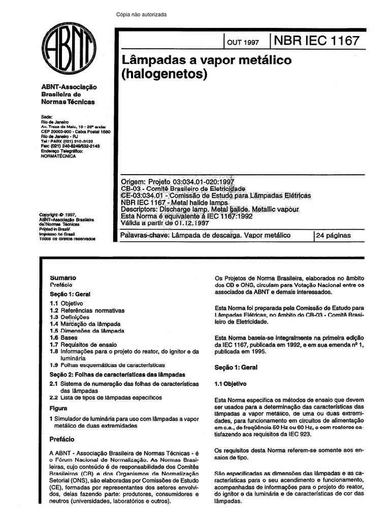 NBR ISO IEC 1167 - Lampadas A Vapor Metalico (Halogenetos) | PDF ...