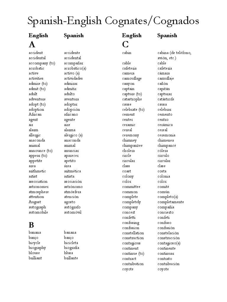 Spanish-English Cognates/Cognados | PDF | Nature