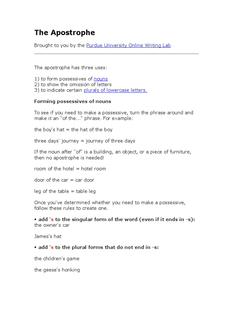 The Apostrophe: Purdue University Online Writing Lab | PDF | Plural | Noun