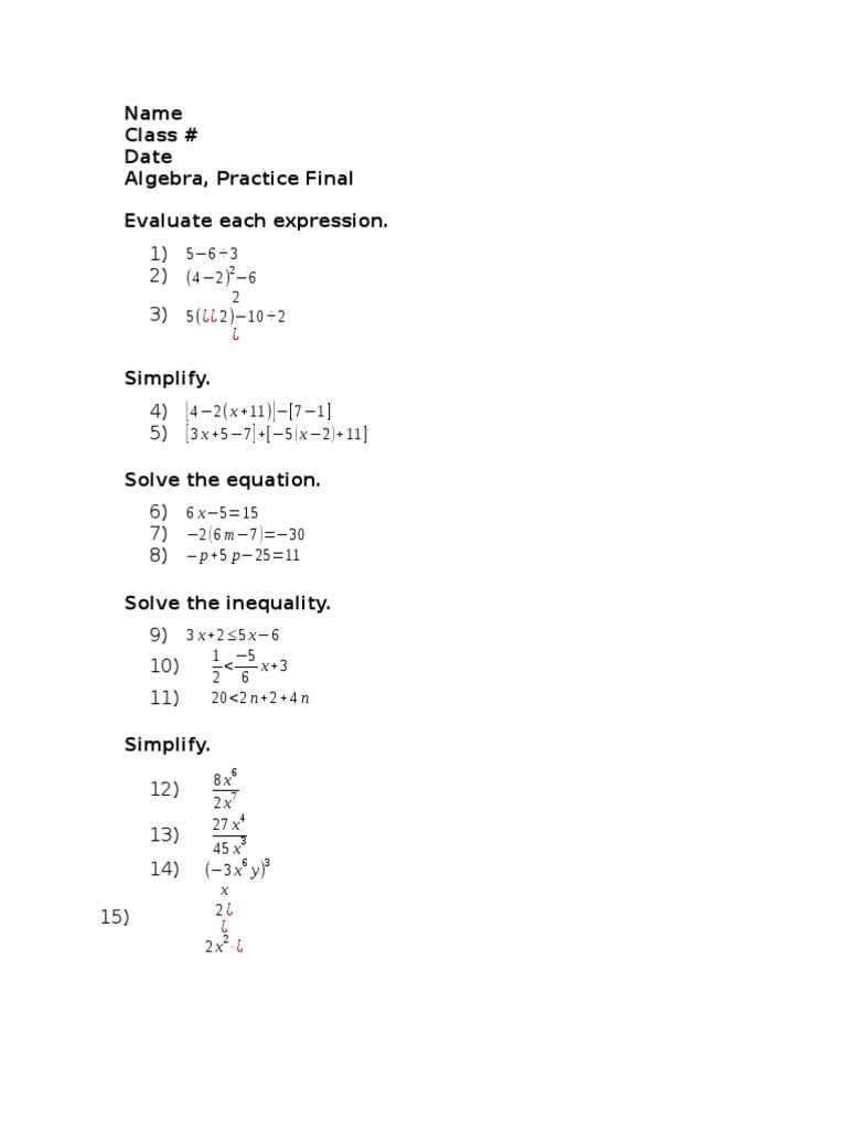 Algebra Practice Final Exam Questions | PDF