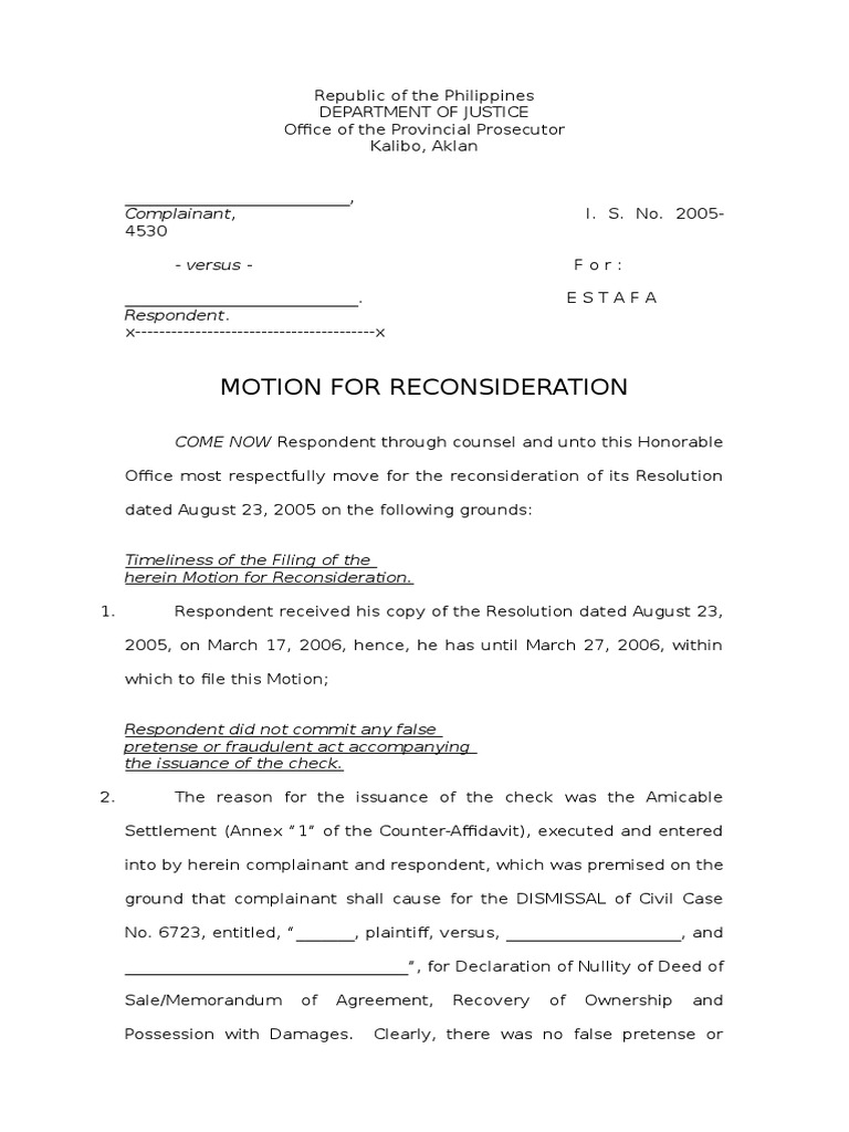 Draft Motion For Reconsideration | PDF | Lawsuit | Public Law
