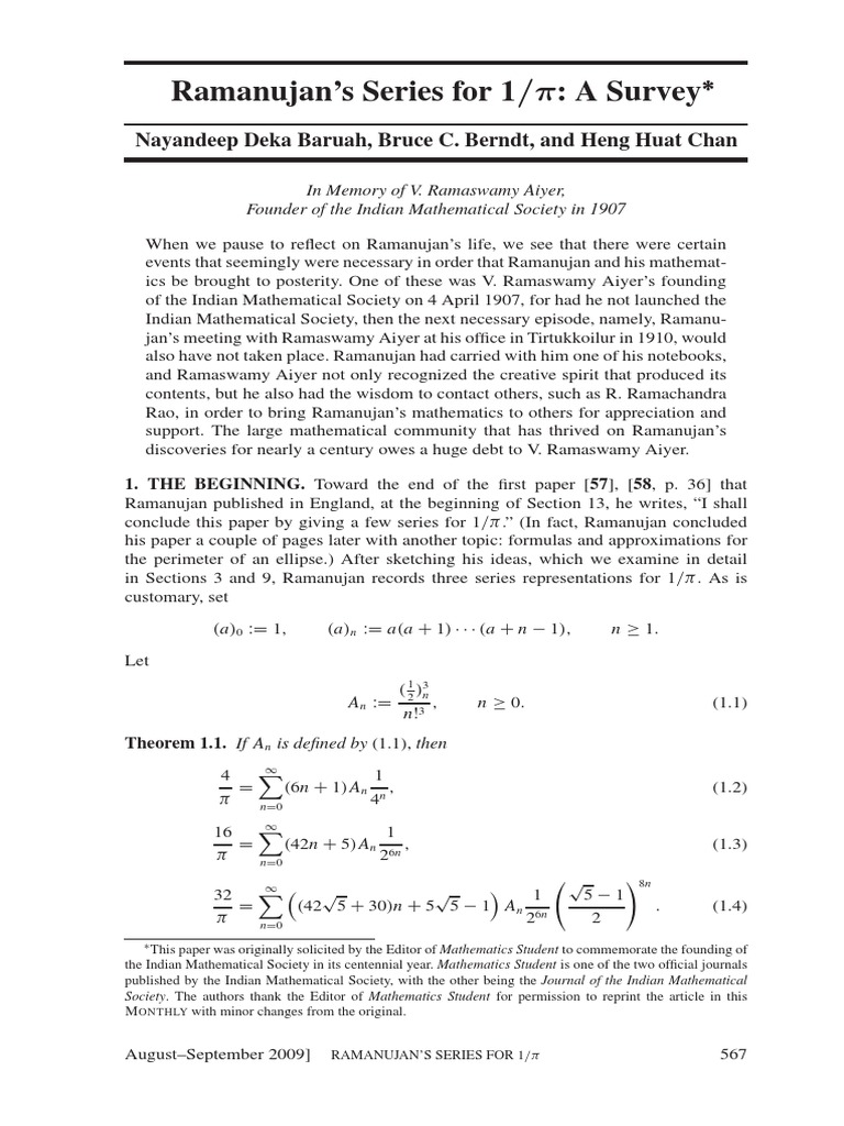 Ramanujan's 1/π Series Survey | PDF | Pi | Mathematical Objects