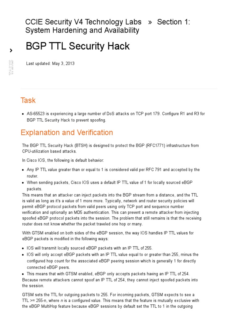 BGP TTL Security Hack PDF | PDF | Transmission Control Protocol | Router (Computing)