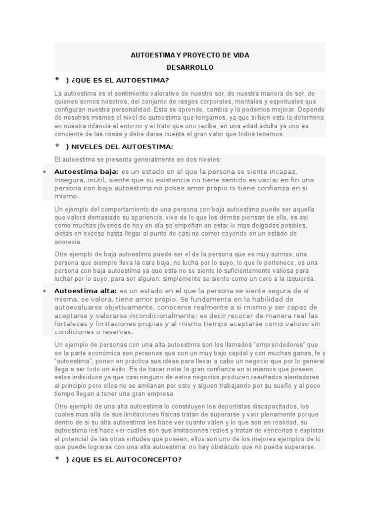 Autoestima Y Proyecto De Vida Pdf Autoestima Narcisismo