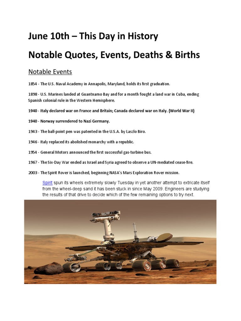 June 10 Notable Quotes, Events, Deaths & Births | PDF