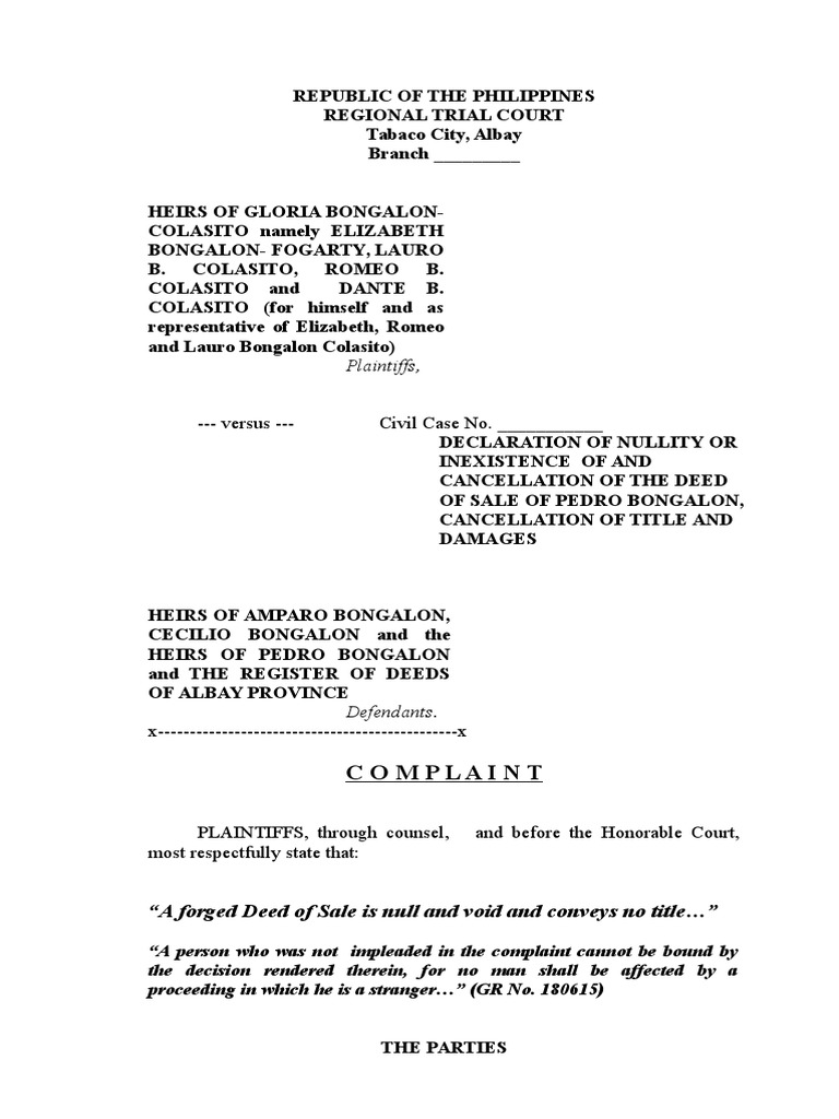 Declaration of Nullity Bongalon | PDF | Deed | Lawsuit