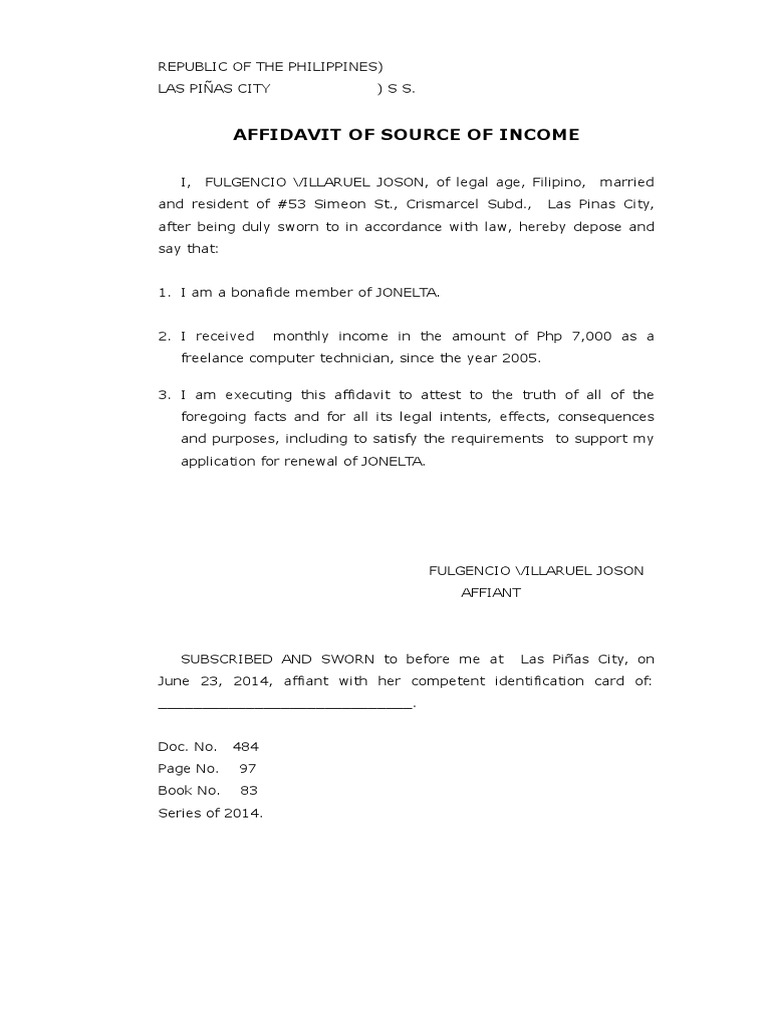 Affid of Income-Sampang | PDF | Affidavit | Common Law