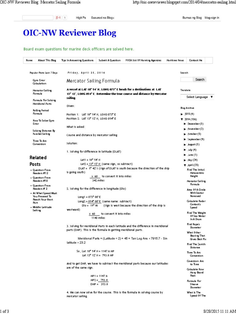 OIC-NW Reviewer Blog - Mercator Sailing Formula | PDF | Latitude ...