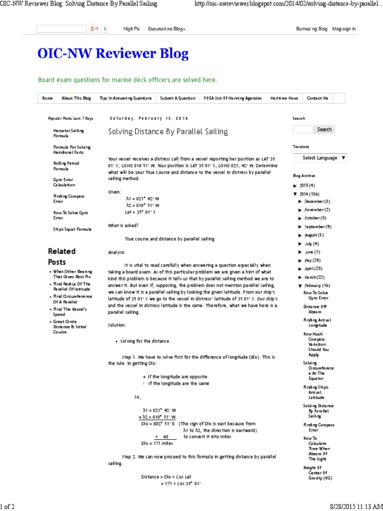 Parallel Sailing Distance Solution | PDF | Latitude | Longitude