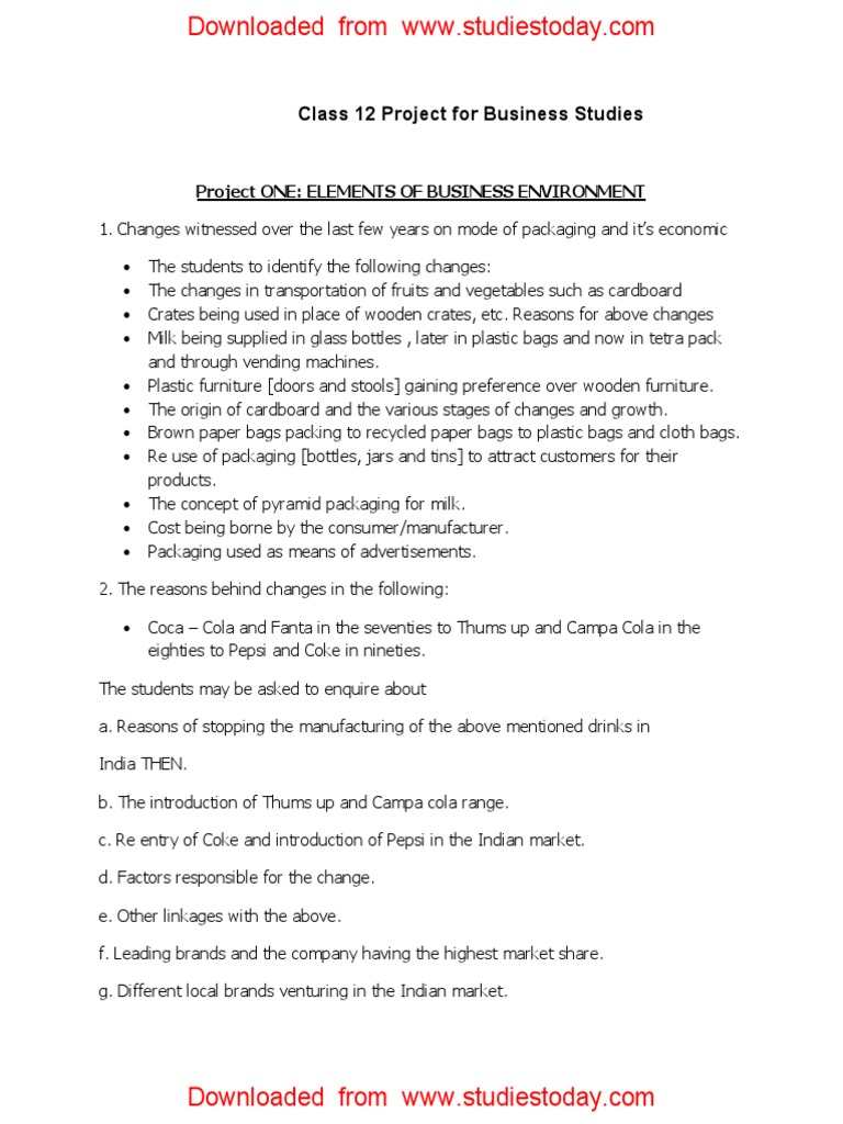 CBSE Class 12 Business Studies Worksheet - Project for Business Studies ...