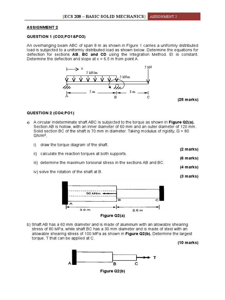 Ecs 208 - Basic Solid Mechanics: Assignment 2 QUESTION 1 (CO3 PO1&PO3) | PDF
