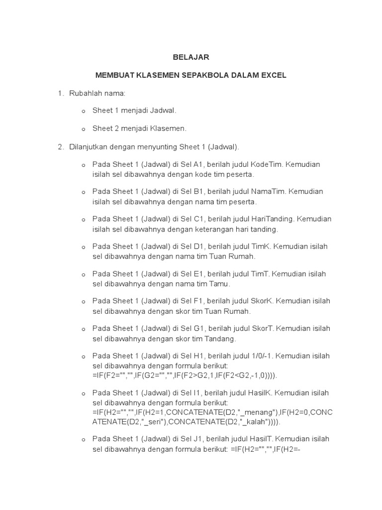 Membuat Klasemen Bola Dalam Excel | PDF