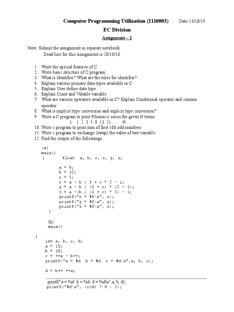 Computer Programming Utilization (2110003) EC Division: Assignment - 2 | PDF
