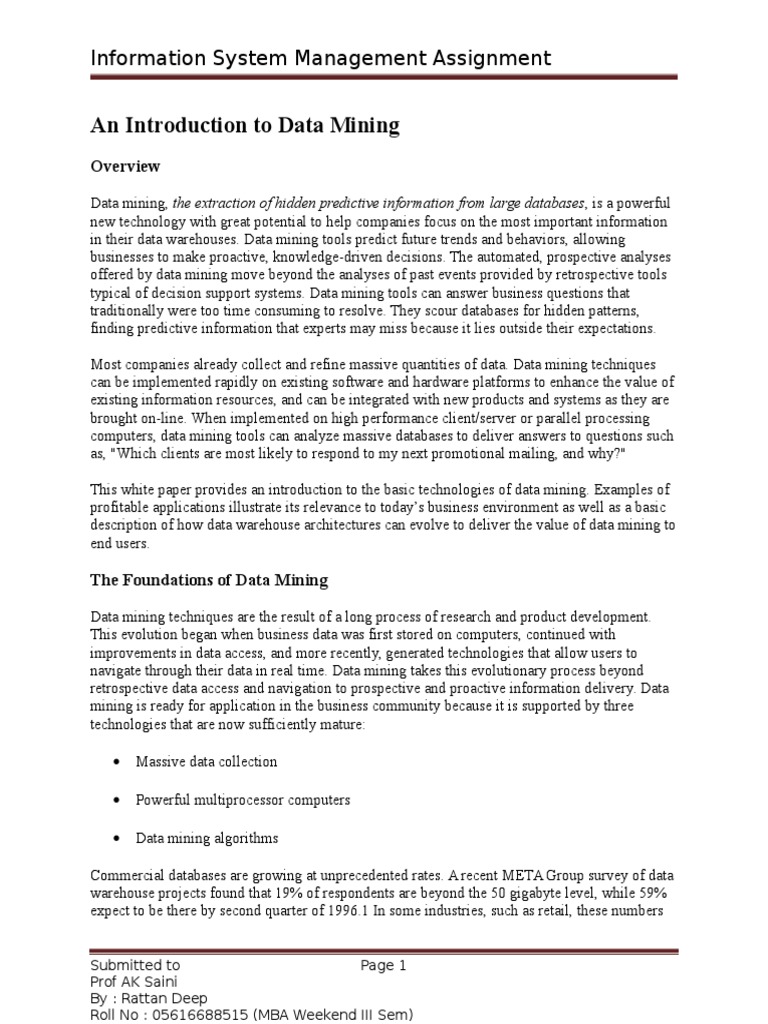 An Introduction To Data Mining: Information System Management Assignment | Download Free PDF ...
