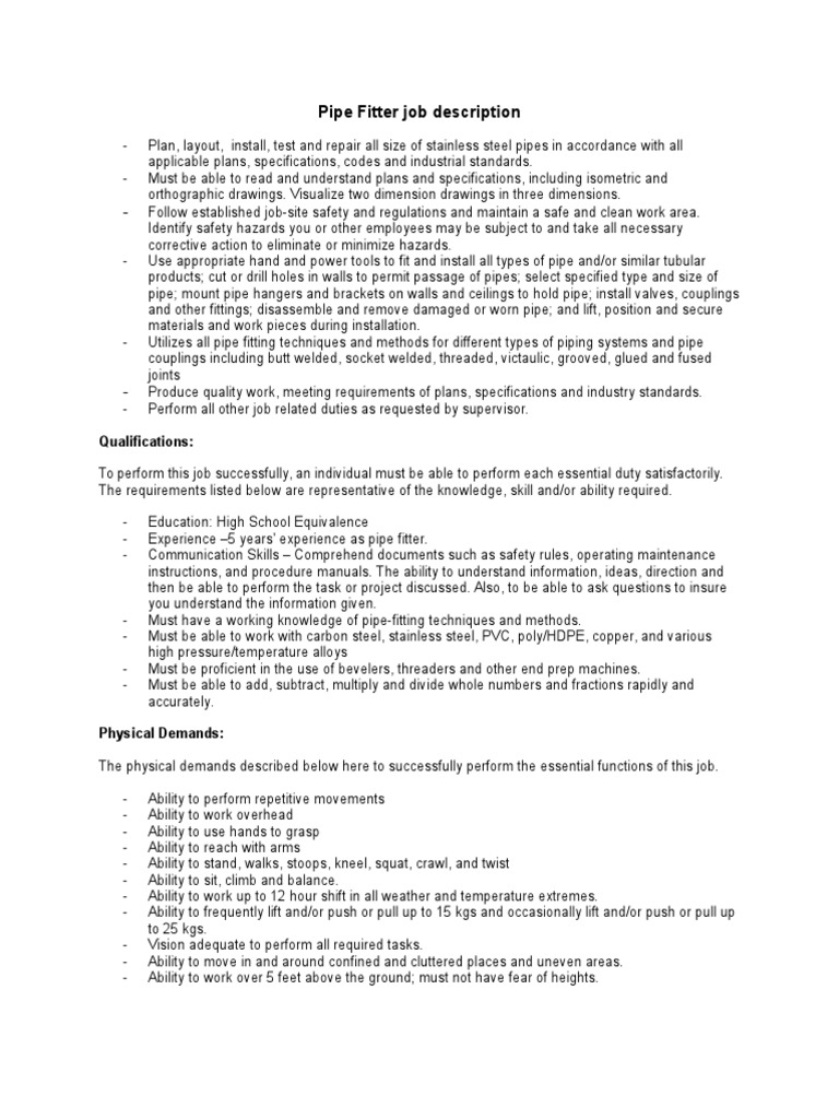 Pipe Fitter Job Description | PDF | Pipe (Fluid Conveyance ...