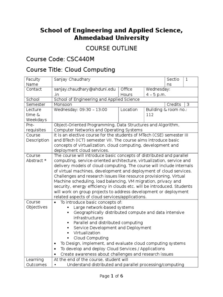 Introduction to Cloud Computing: An Elective Course Outline for MTech ...