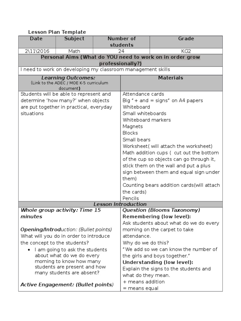 Lesson Plan Template Date Subject Number of Students Grade: Learning ...