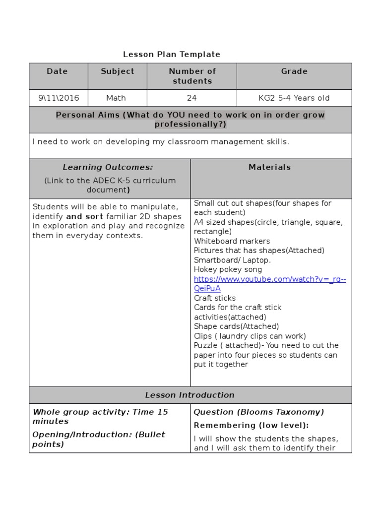 Lesson Plan Template Date Subject Number of Students Grade: Learning ...