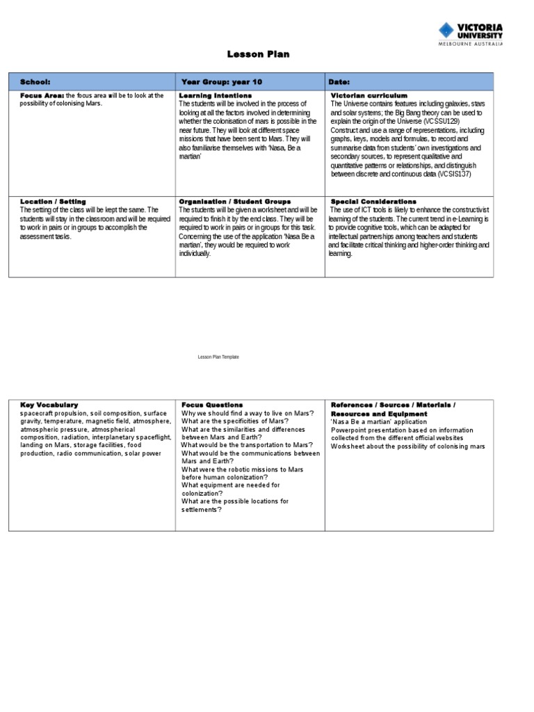 Lesson Plan 1 | PDF | Space Colonization | Mars