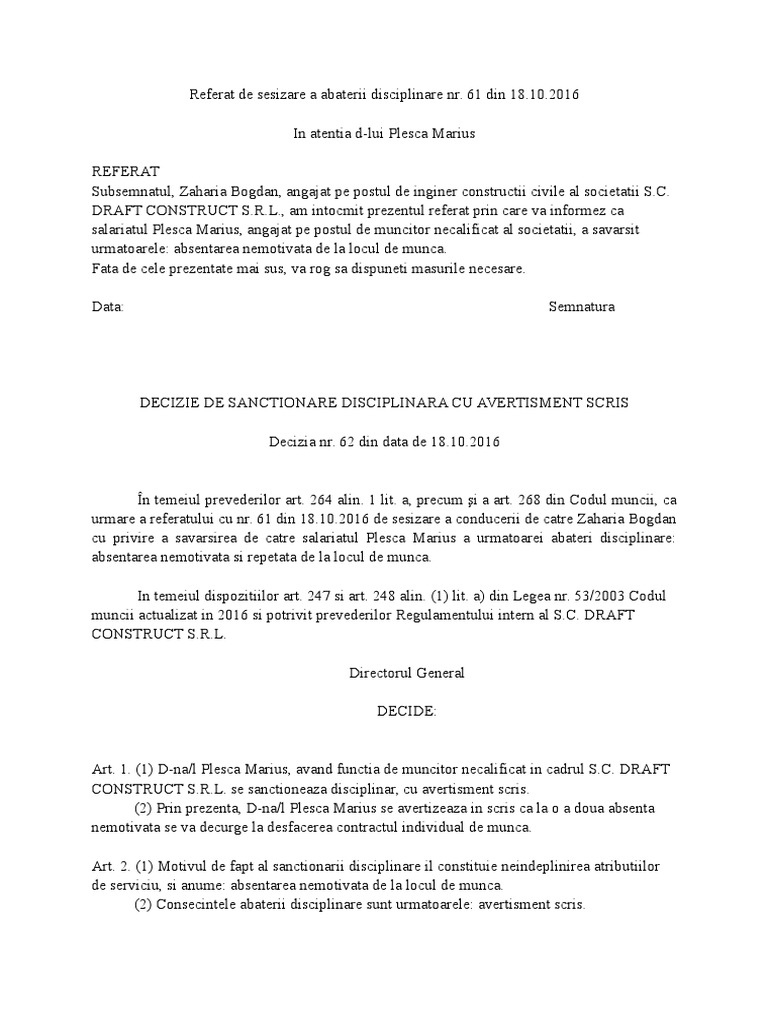 Referat de Sesizare A Abaterii Disciplinare | PDF
