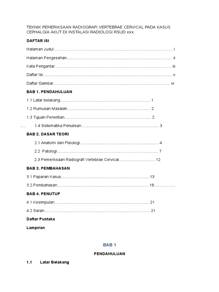 Teknik Pemeriksaan Radiografi Vertebrae Cervical Pada Kasus Cephalgia Akut Di Instalasi ...