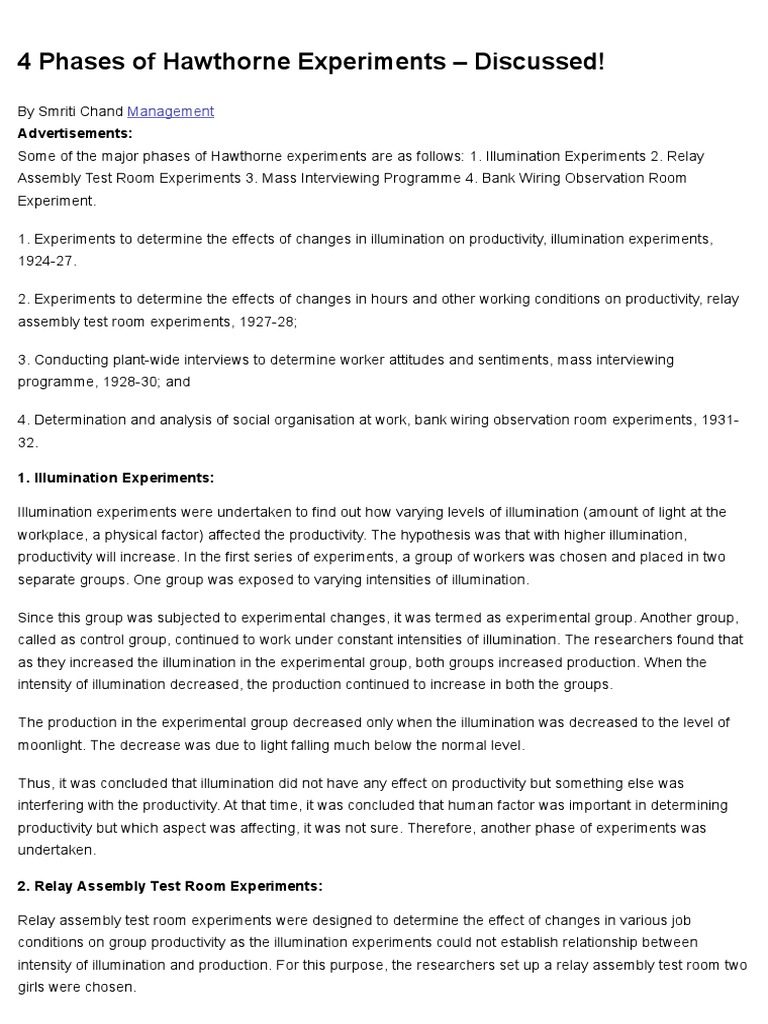 Phases of the Hawthorne Experiments | PDF | Social Group | Experiment