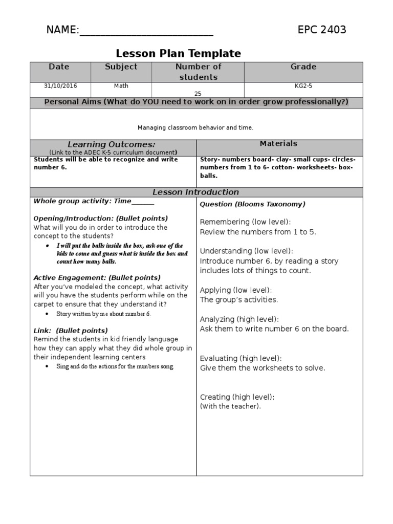 Lesson Plan Template Number 6 2 | PDF | Lesson Plan | Applied Psychology