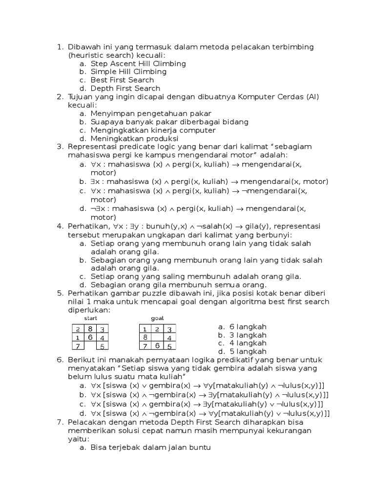 Soal Latihan UTS Artificial Intelligence (AI) Binus 2016/2017 | PDF