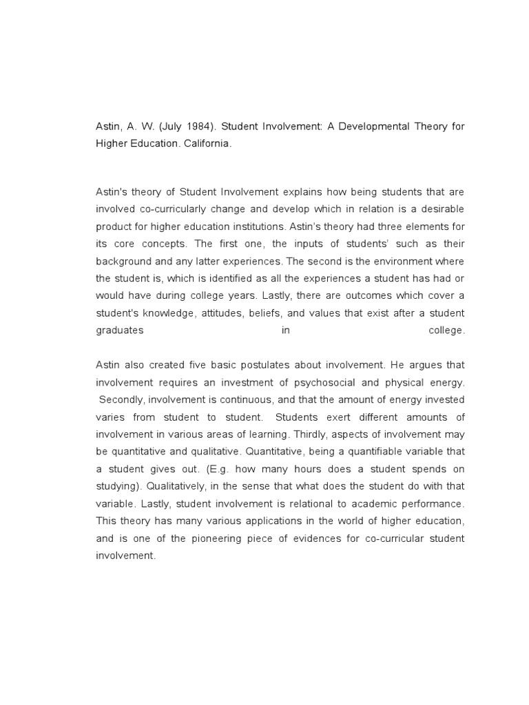Astin, A. W. (July 1984) - Student Involvement: A Developmental Theory ...