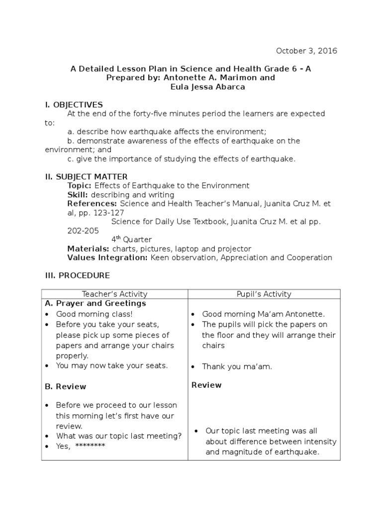 A Detailed Lesson Plan in Science Grade 6 | PDF | Tsunami | Earthquakes