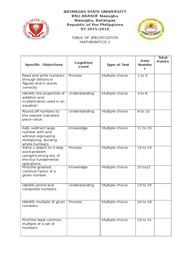 Mathematics V Table of Specifications | PDF | Business | Teaching ...