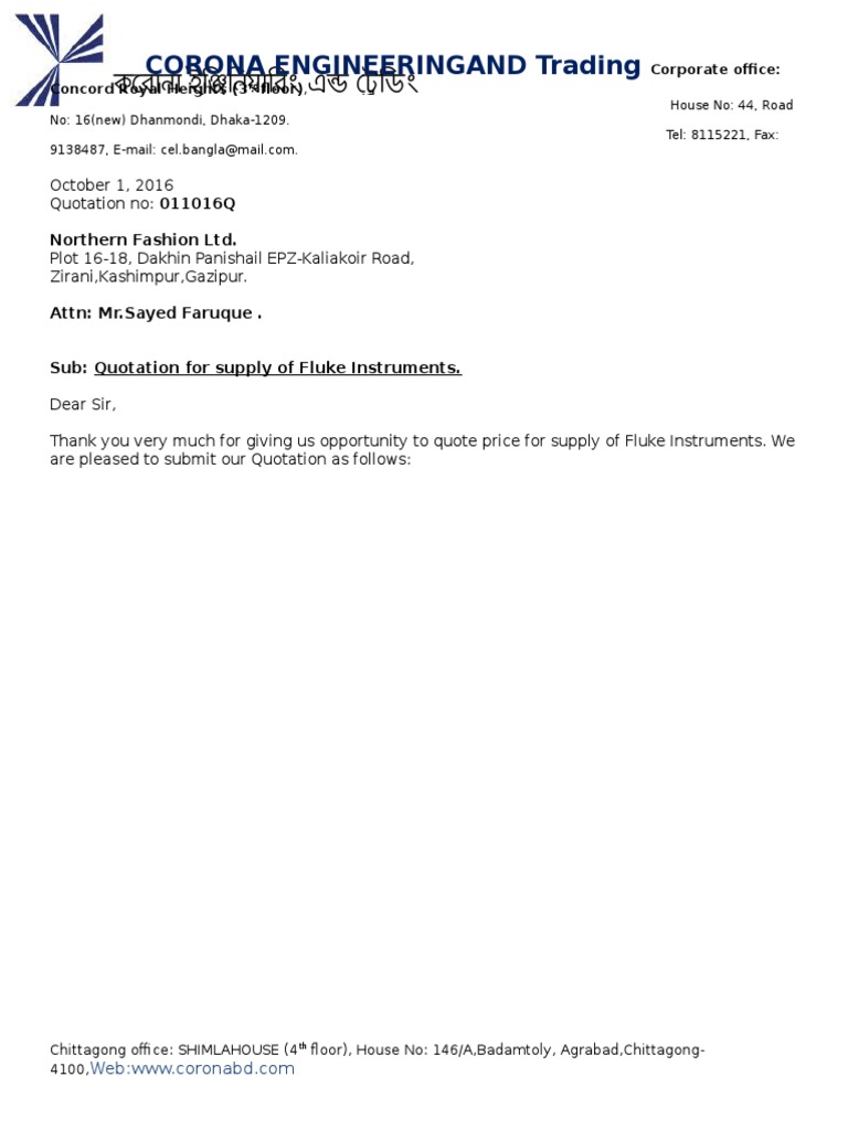 Quotation-Northern Fashion Ltd. | Celsius | Payments